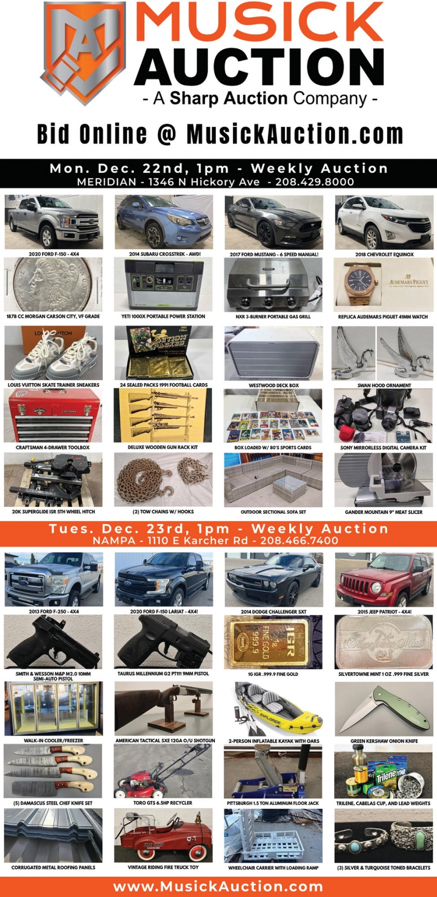 Weekly Auction, Tuesday December 23rd, Musick Auction, Nampa, ID